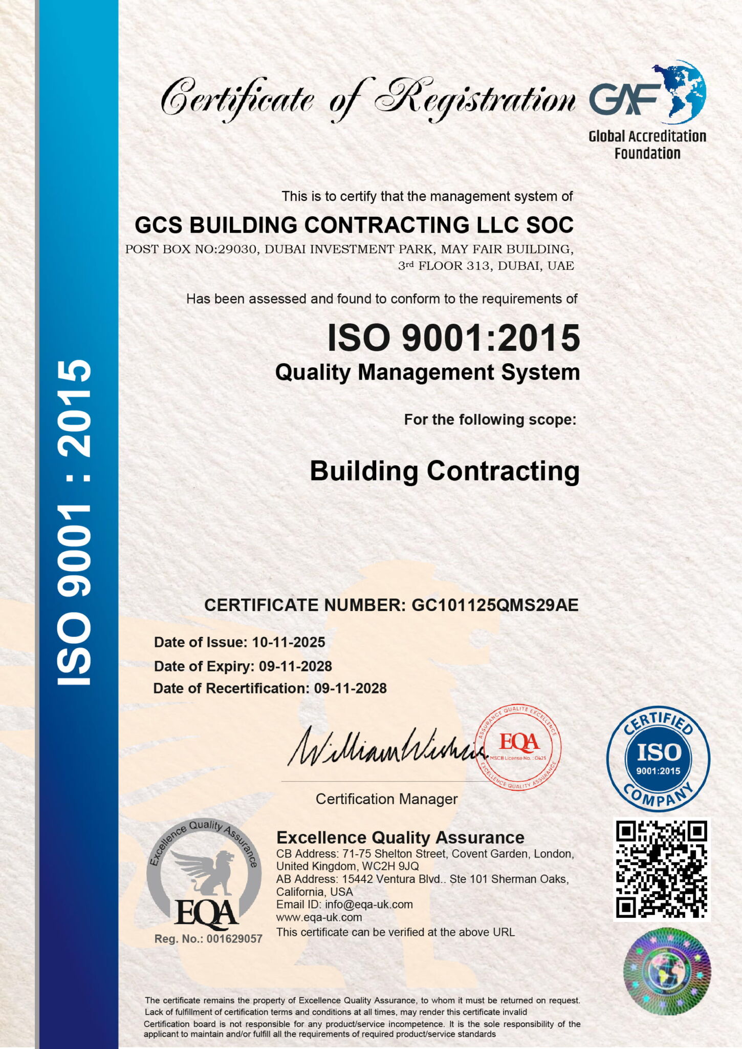 Recognized Certifications | GCS Building Contracting LLC | UAE